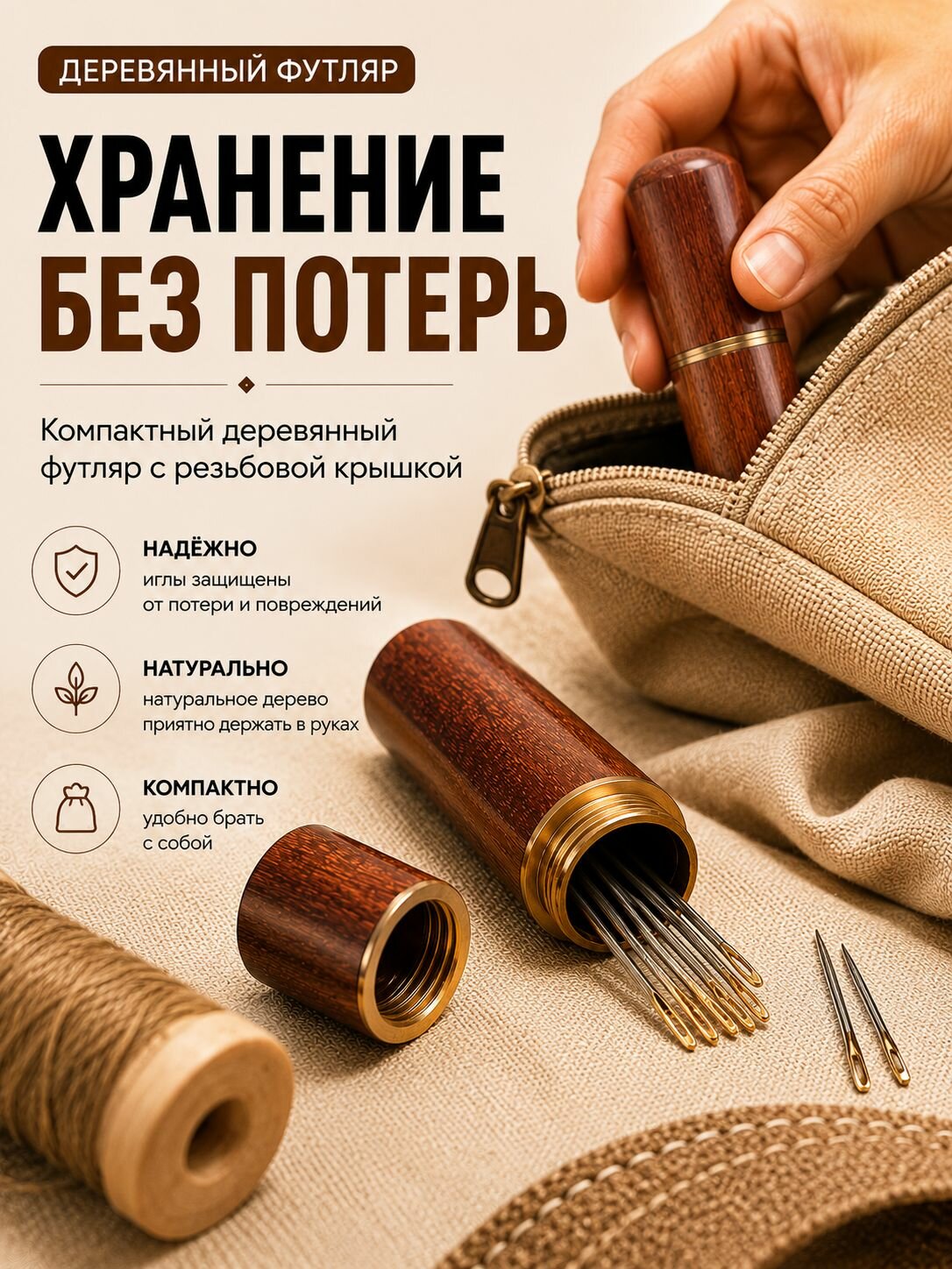 Набор игл, для шитья, сталь, дерево, 12 штук, в футляре, №36, 38, 42 — фото 1