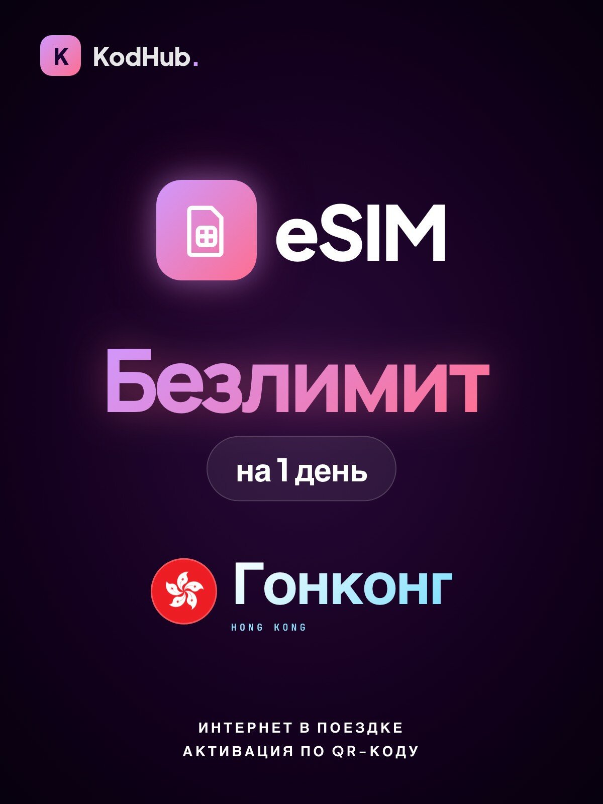 Туристическая eSIM Гонконг безлимит на 1 день | интернет в поездке, связь за границей | QR-код активации