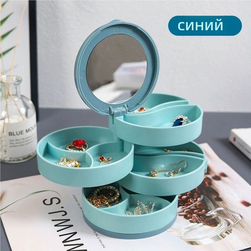 Вращающаяся коробка для украшений, с зеркалом, защита от пыли и царапин，Голубой