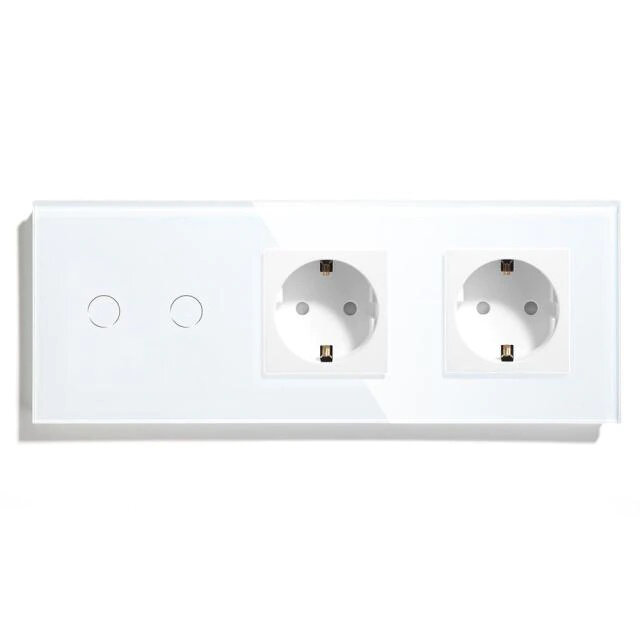Сенсорный выключатель с розеткой 2кл. 2 розетки, 3 поста (2G+2EU) стекло 228х86мм цвет белый