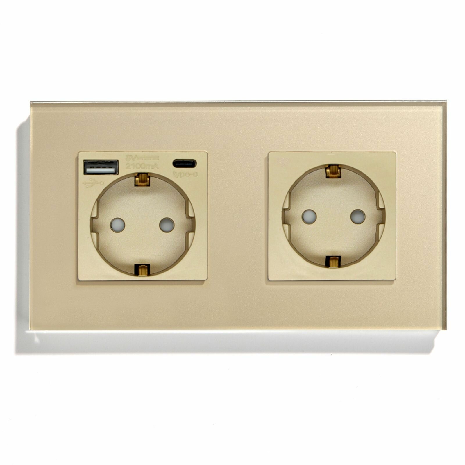 Розетка с USB Type-C MVAVA, зарядка 10Вт, встраиваемая, 2 поста, стекло, с заземлением, золотая