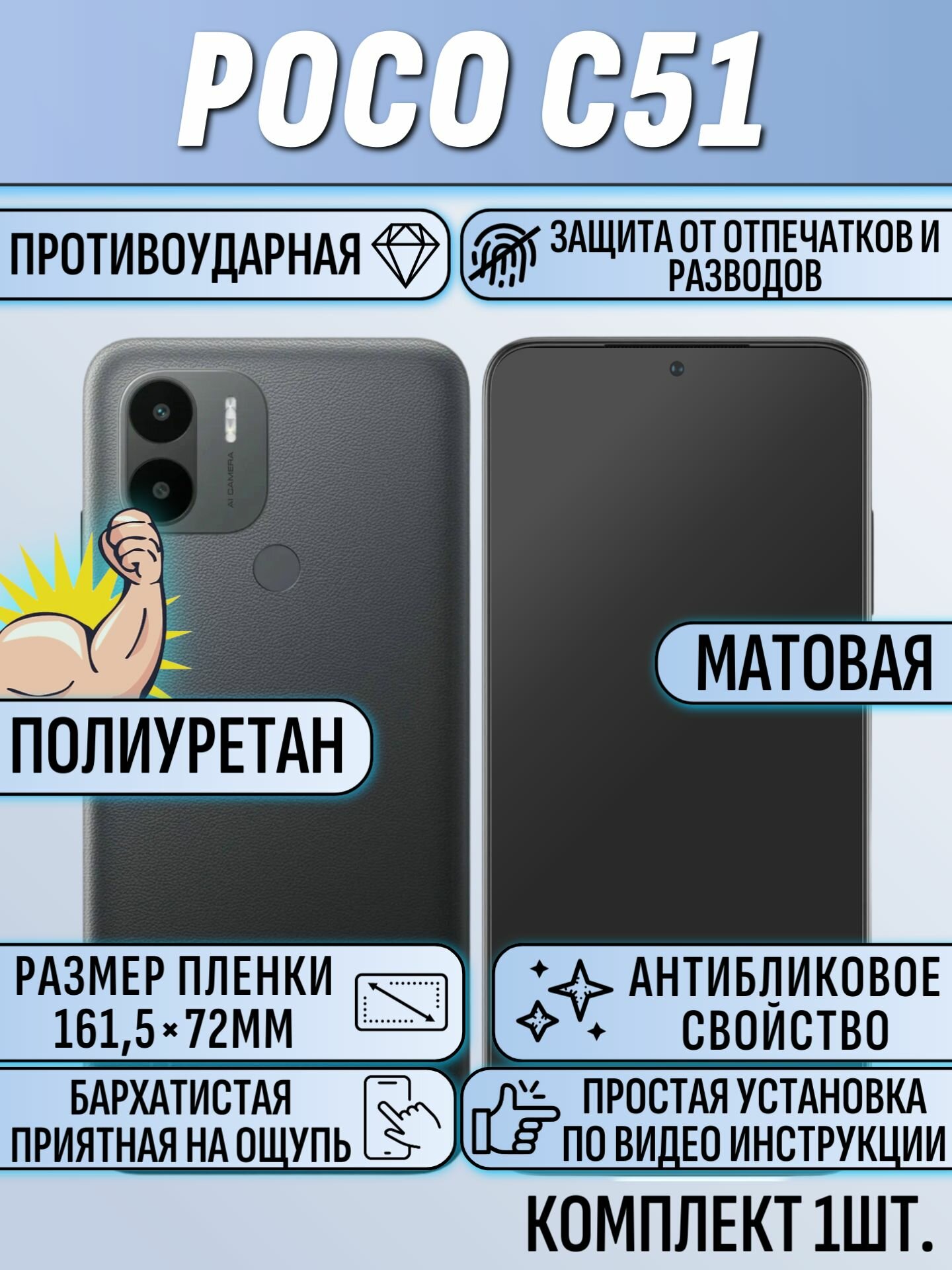 Гидрогелевая защитная пленка для Poco C51, Redmi A1+, Redmi A2+ матовая