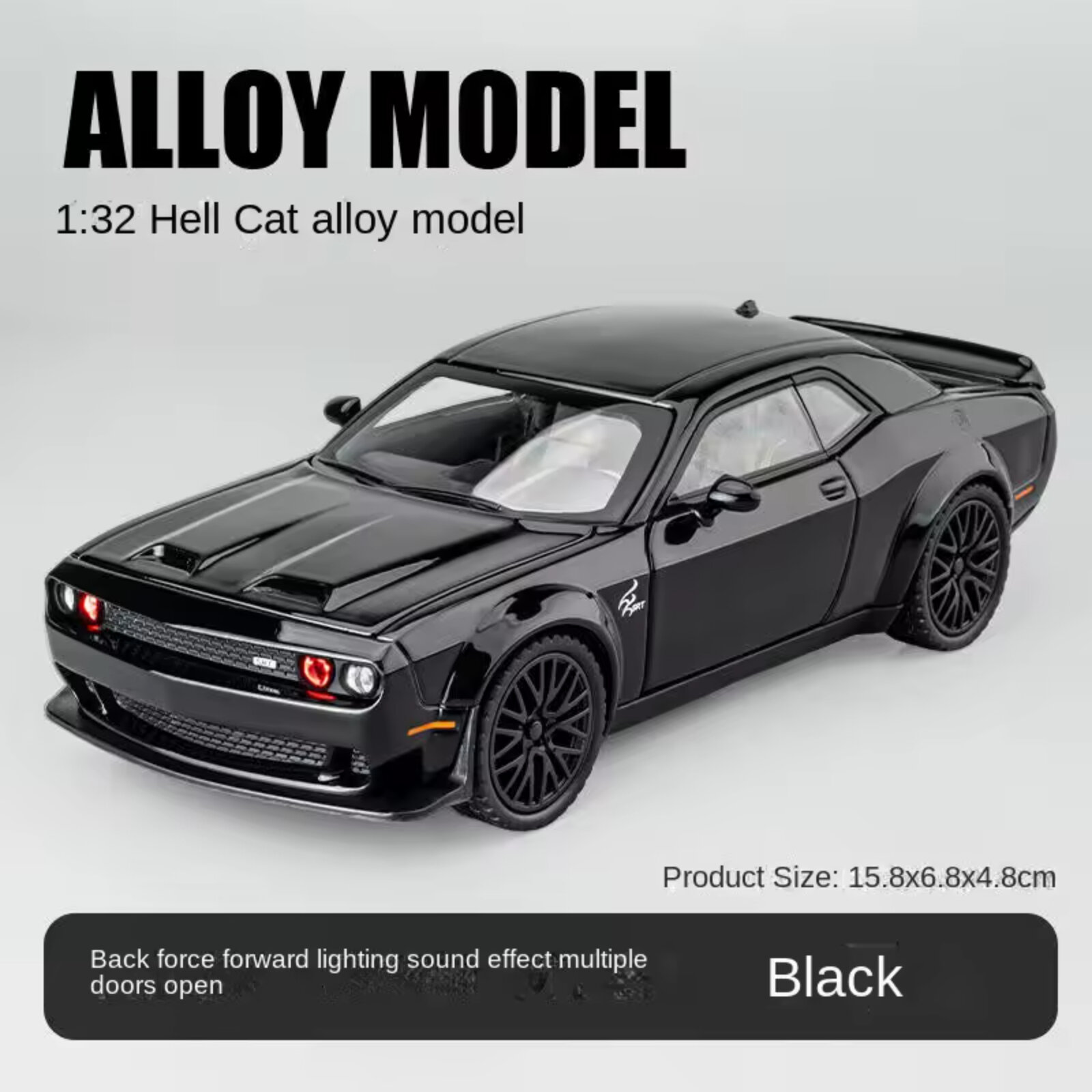 Модель машины Alloy Diecast 1:32 Challenger Hellcat с пружиной, звуковыми и световыми эффектами, в упаковке, цвета Black, Gray, Red, размер 15.8x6.8x4.8cm, материалы Alloy/Plastic/Plastic/Electronic Components, функции Four Doors/Lighting/Sound