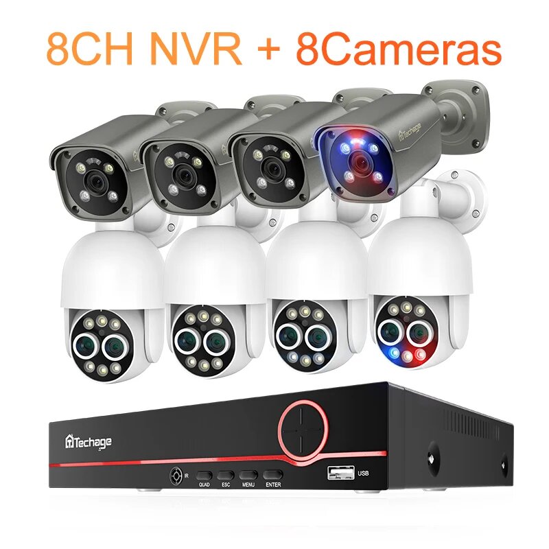 Система видеонаблюдения Techage HD 8CH 4K 8MP с камерой PTZ с двойным объективом POE, 8-кратным зумом и ИИ-обнаружением человека, набор видеонаблюдения CCTV