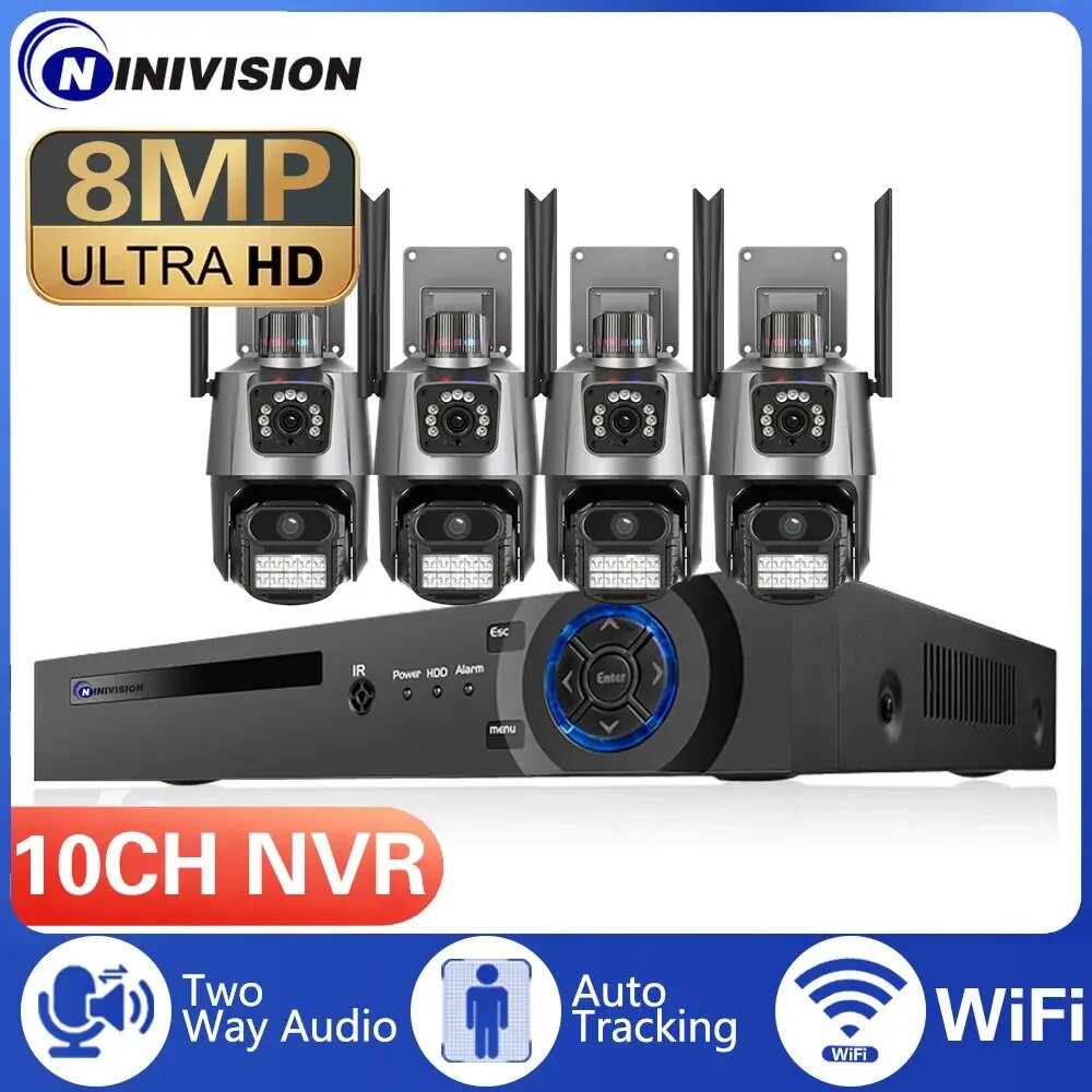 10CH 8MP Беспроводная двухлинзовая PTZ WIFI IP камера видеонаблюдения с двусторонним аудио, цветной ночной визией, распознаванием лиц, системой видеонаблюдения POE NVR
