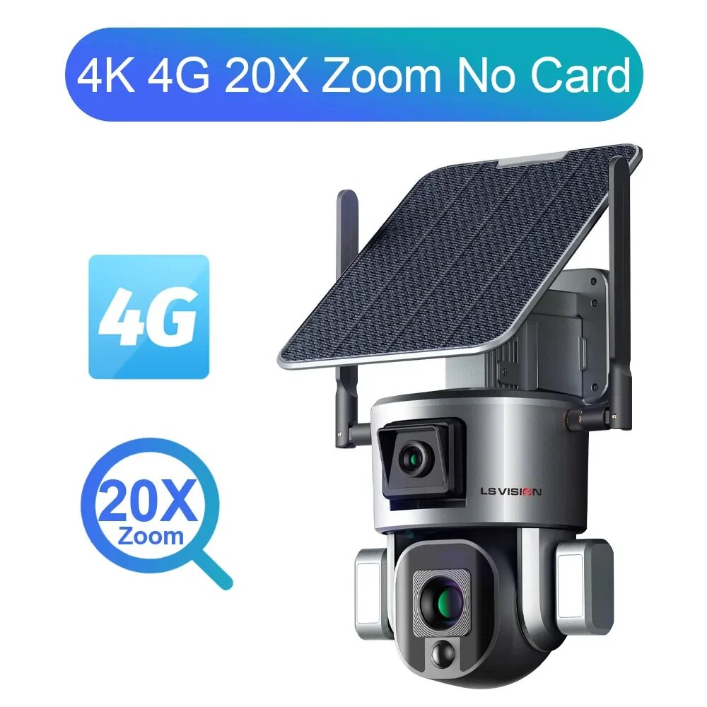 LS VISION 4K UHD камера с двумя экранами, солнечная камера с 4G, наружная WiFi-камера с 20-кратным оптическим зумом, двухсторонний разговор, автоматическое отслеживание человека, камера CCTV
