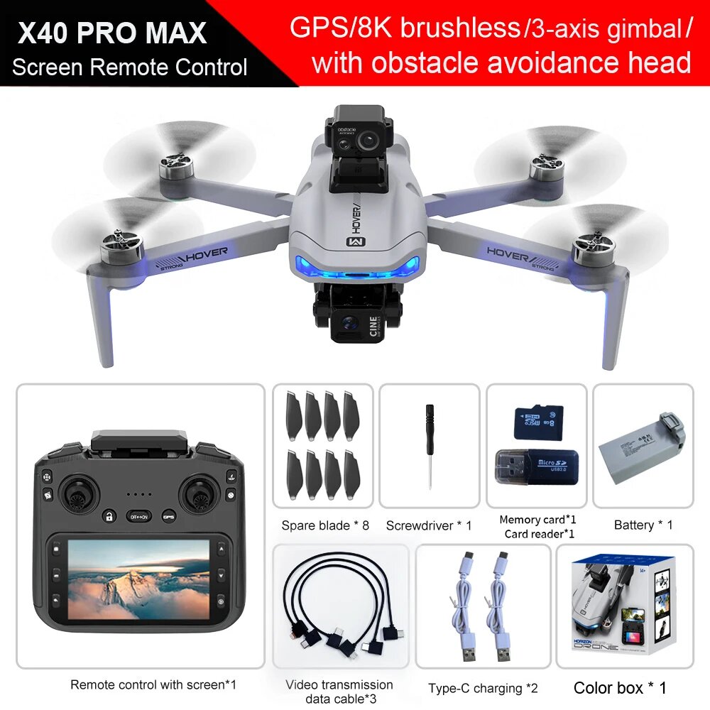 Дрон X40 GPS Professional с 4K-камерой, 3-осьным стабилизатором, возможностью обхода препятствий, безщеточных двигателями, 5G WIFI FPV радиоуправляемый квадрокоптер-игрушка