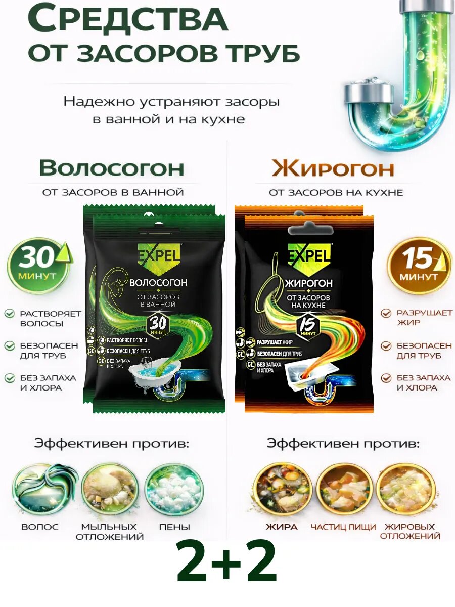 Средства от засоров труб для кухни и ванной, без хлора, 4 шт.
