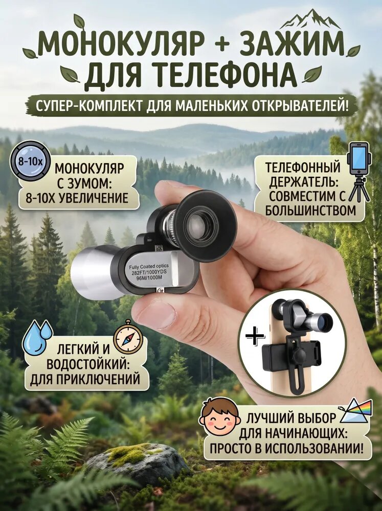 Монокуляр + Телефонный объектив с увеличением 8 x HD для наблюдения на рыбалке, на охоте и на природе Возьмите с собой собственную подставку для камеры мобильного телефона