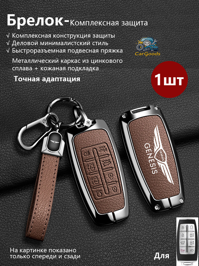 Ехол для ключа Genesis G80 RG3/GV70 JK1/GV80 JX1 2020-2025, 8 кнопок, цинковый сплав + кожа, пистолетный цвет, 4 цвета кожи