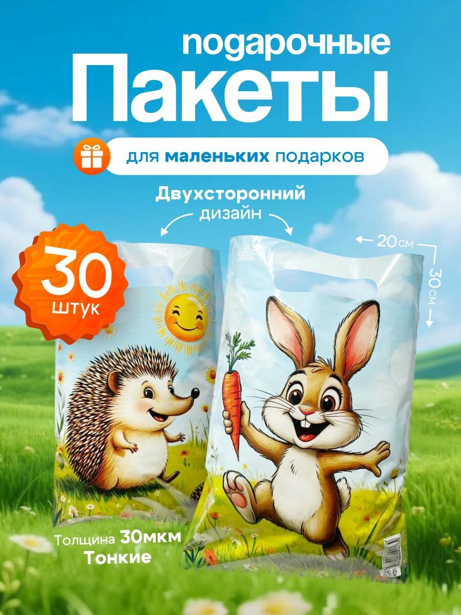 Пакет подарочный набор 30 шт 30х20 см "Зайка и Ежик", маленькие, полиэтиленовые, для подарков на день рожденья и выпускной в детский сад и школу