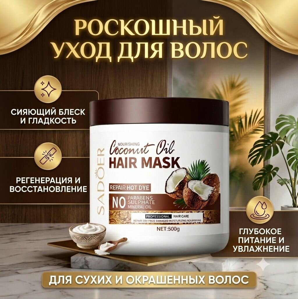 SADOER Coconut Oil Маска для волос питательная с экстрактом кокоса, 500г