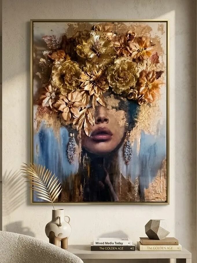 Интерьерная картина в технике 3D Floral Resin Art. Золотой цветочный образ, 5070 см. Ручная работа
