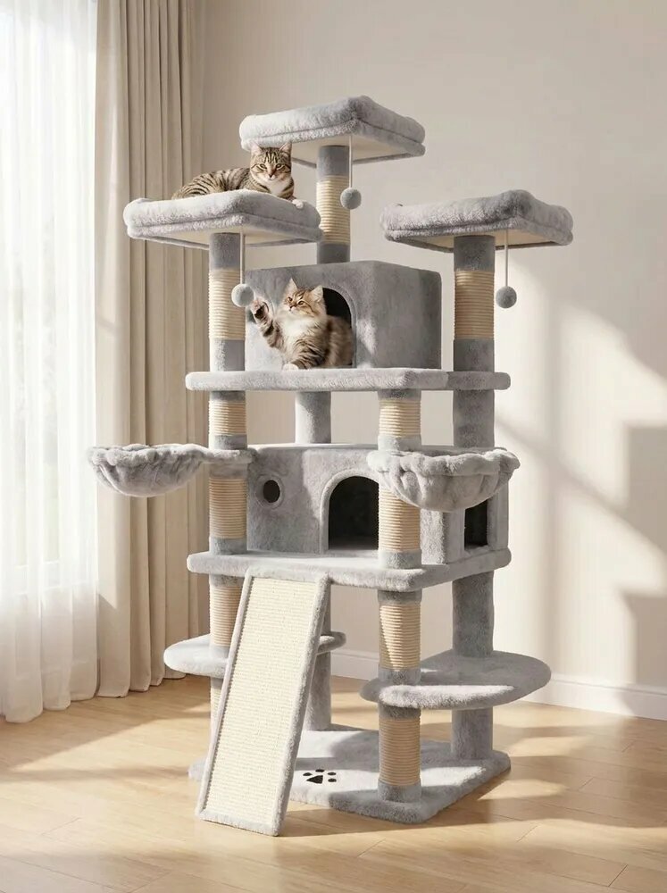 Кошачий Игровой Комплекс (когтеточка-домик) 173 См, Многоуровневый, Сизалевые Столбики, Основание 60 50 См