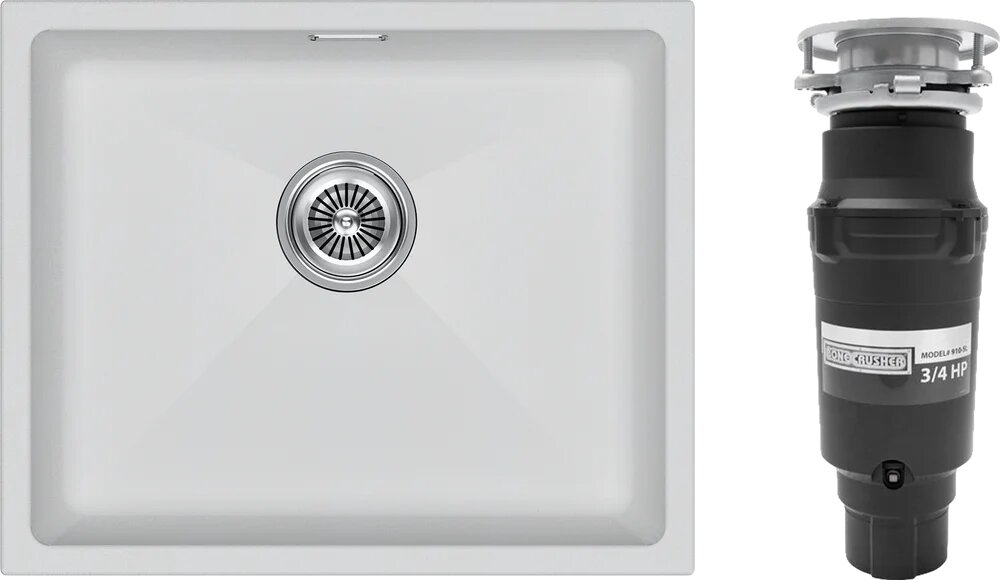 Комплект Мойка Paulmark Lumi LU55-WH 55x46, белая, искусственный гранит / Измельчитель Bone Crusher BC 910-SL-Slim Line электрический, нержавеющая сталь