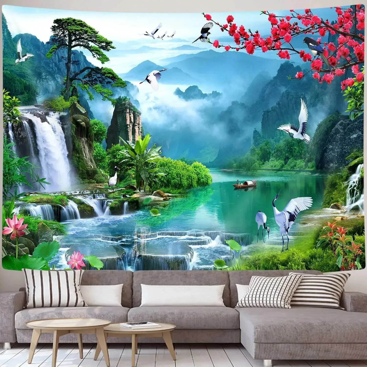 Настенный гобелен "Японские горы и цветы вишни", полиэстер 170x200cm, 10