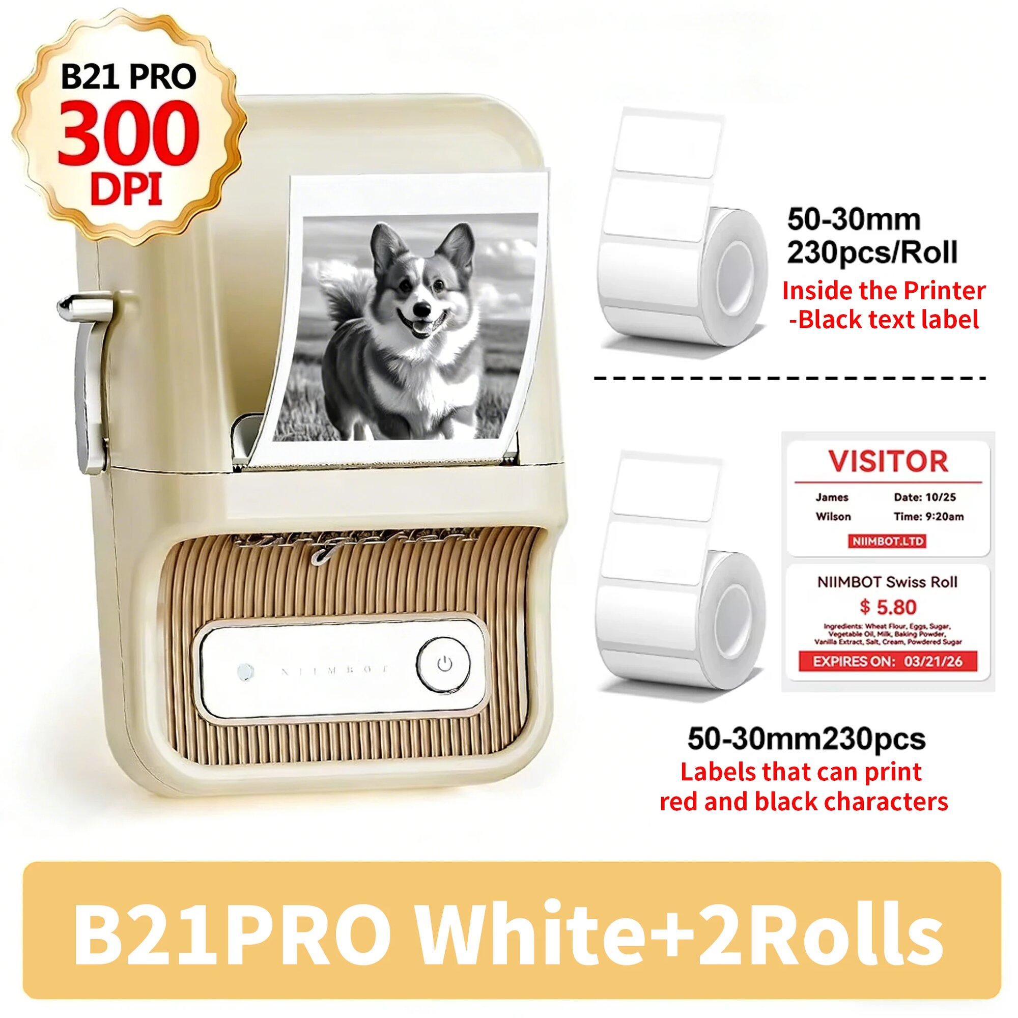 Термопринтер Niimbot B21 Pro 300DPI Белый, White Add 2Rolls Mix