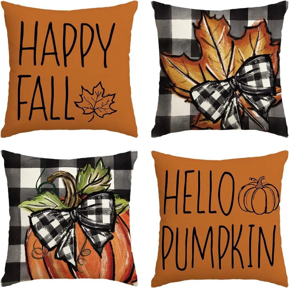 Наволочка декоративная "Happy Fall" 45x45 см, 4 шт, Лён, Оранжевый