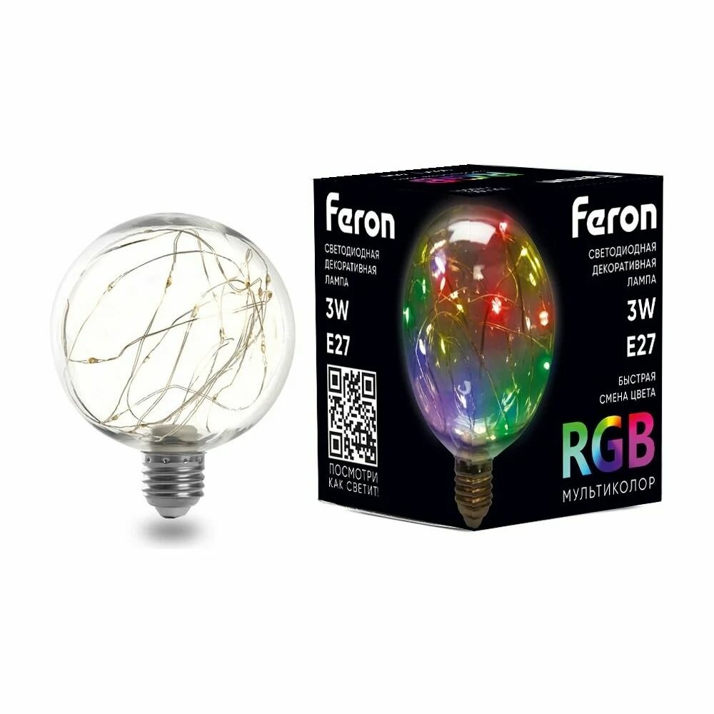 Светодиодная лампа FERON LB-382, G95, 3W 175-265V E27 RGB, 250Lm, угол рассеивания 220 41678