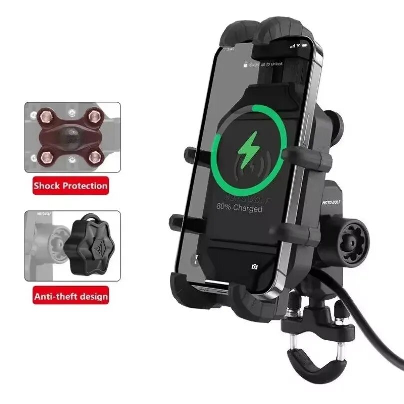 Держатель мото телефона MOTOWOLF, беспроводная зарядка 15W, handlebar
