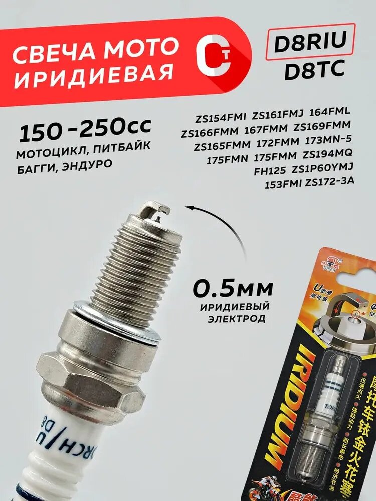 Свеча зажигания D8RIU/D8TC Иридиевая для мотоцикла 150-250сс