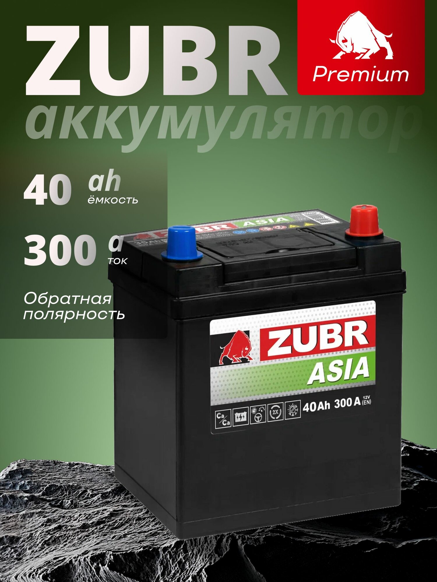 Аккумулятор автомобильный 12v 40 Ah ZUBR Premium Asia 40 Ач 300 А обратная полярность 187x127x225 стартерный акб для автомобиля, машины (без борта)