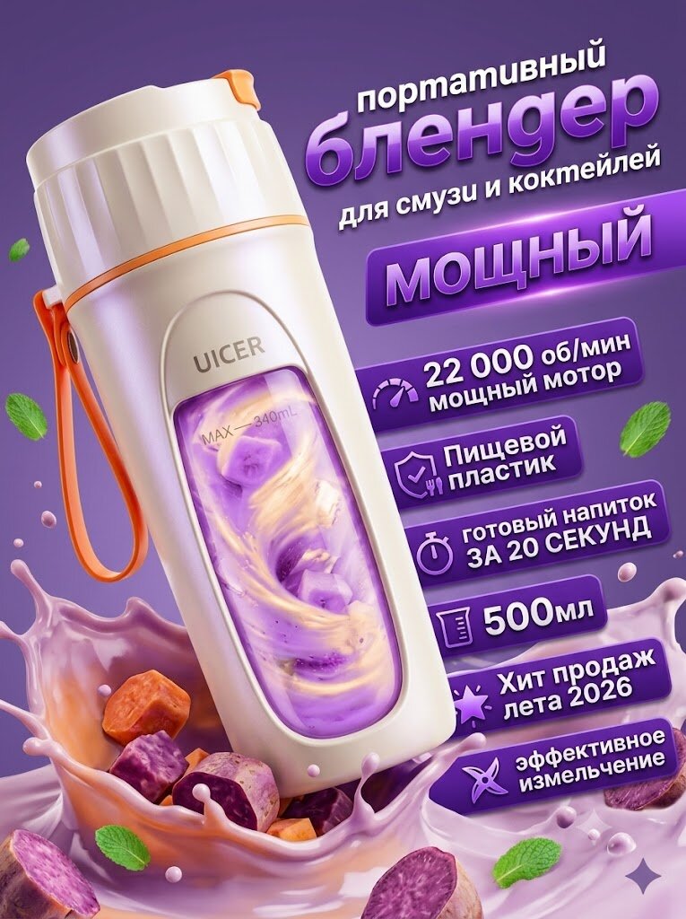 Портативный блендер GROOVIER, беспроводной, для смузи и коктейлей, синий