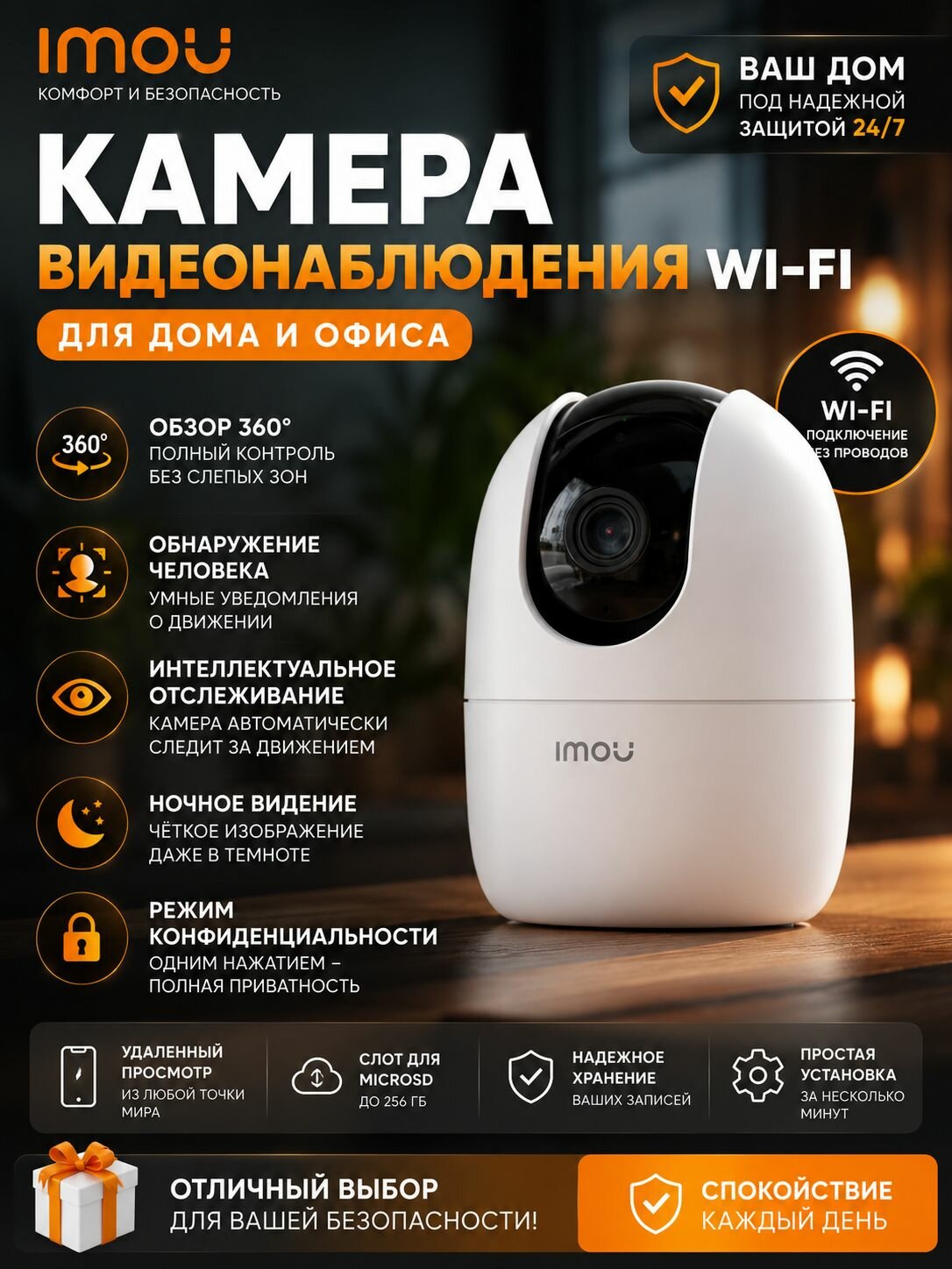 Камера видеонаблюдения wifi для дома IPC-A22EP-S2 PTZ IMOU Ranger 2 2 Мп, сирена, детектор движения, встроенный микрофон и динамик, видеоняня, радионяня