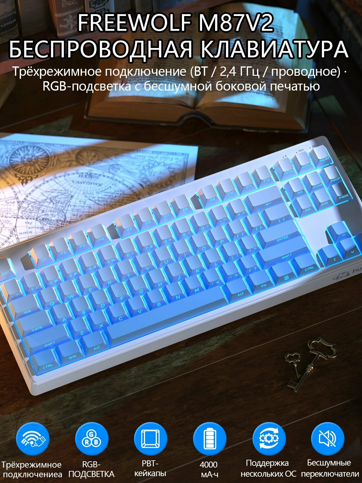 FREEWOLF Клавиатура беспроводная M87V2, Английская раскладка, голубой, белый