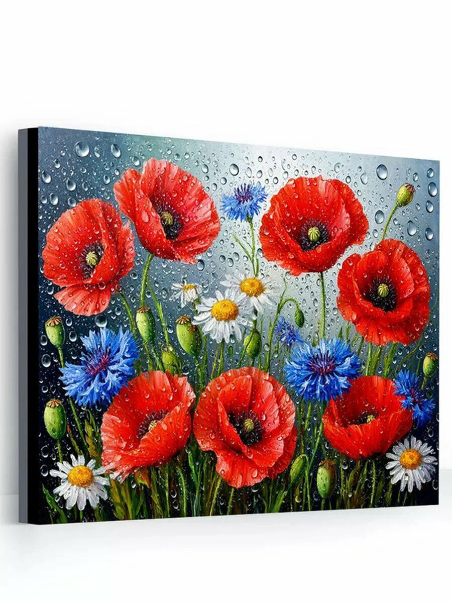 Картина на стену для интерьера "Маки и васильки", на подрамнике, 40 x 50 см