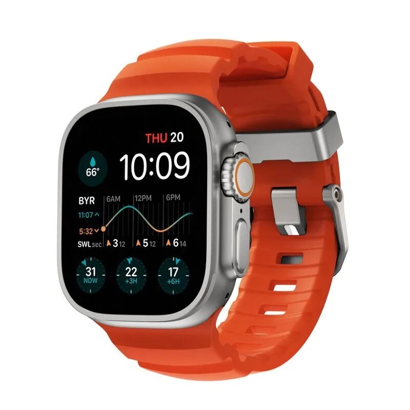 Nomad Sport ремешок для Apple Watch 9 / Ultra 2, 49/45/44 мм, титановый сплав + материал FKM, Оранжевый с серебристой застёжкой