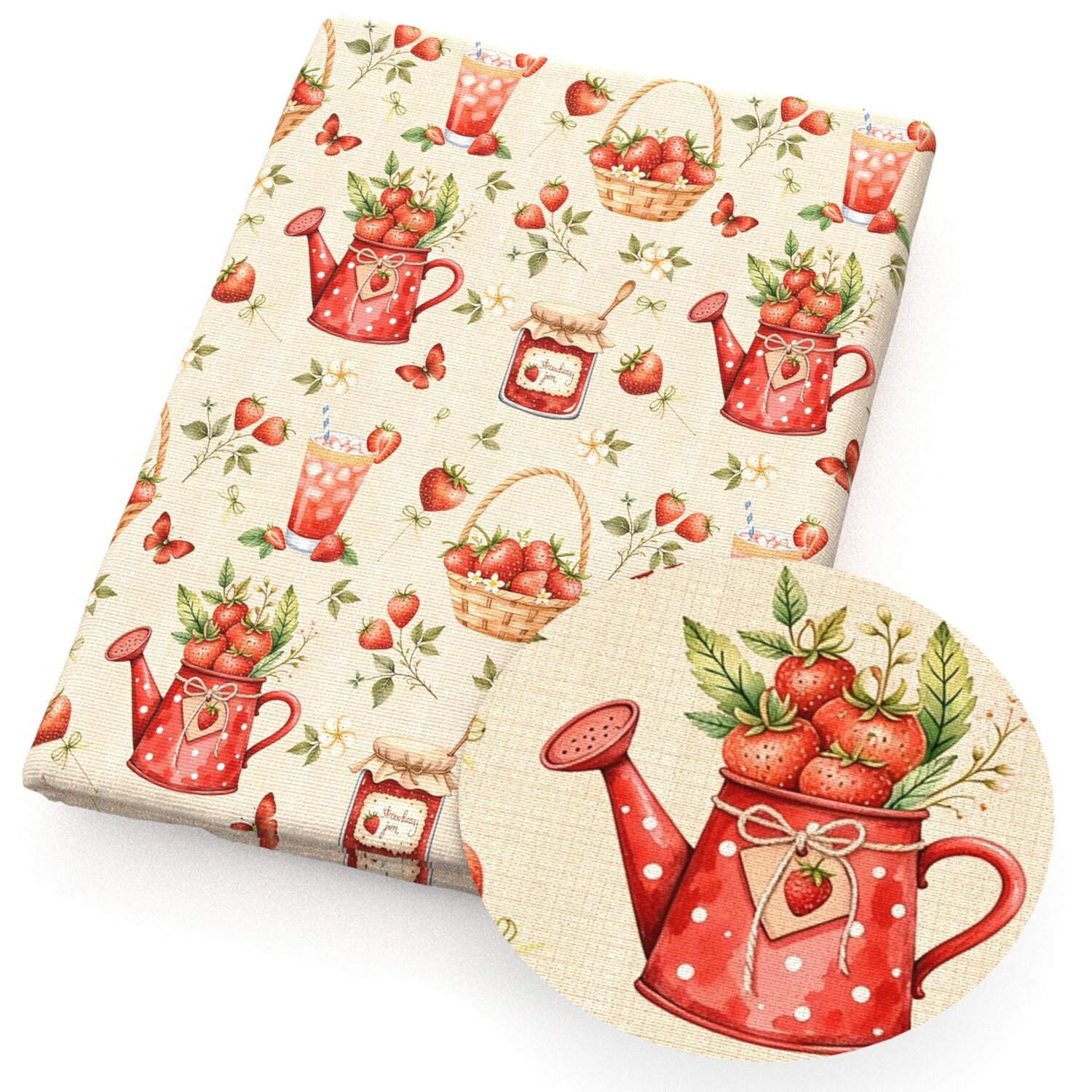 Ткань полиэстер с клубникой и лейкой, 50*145 см, Красный