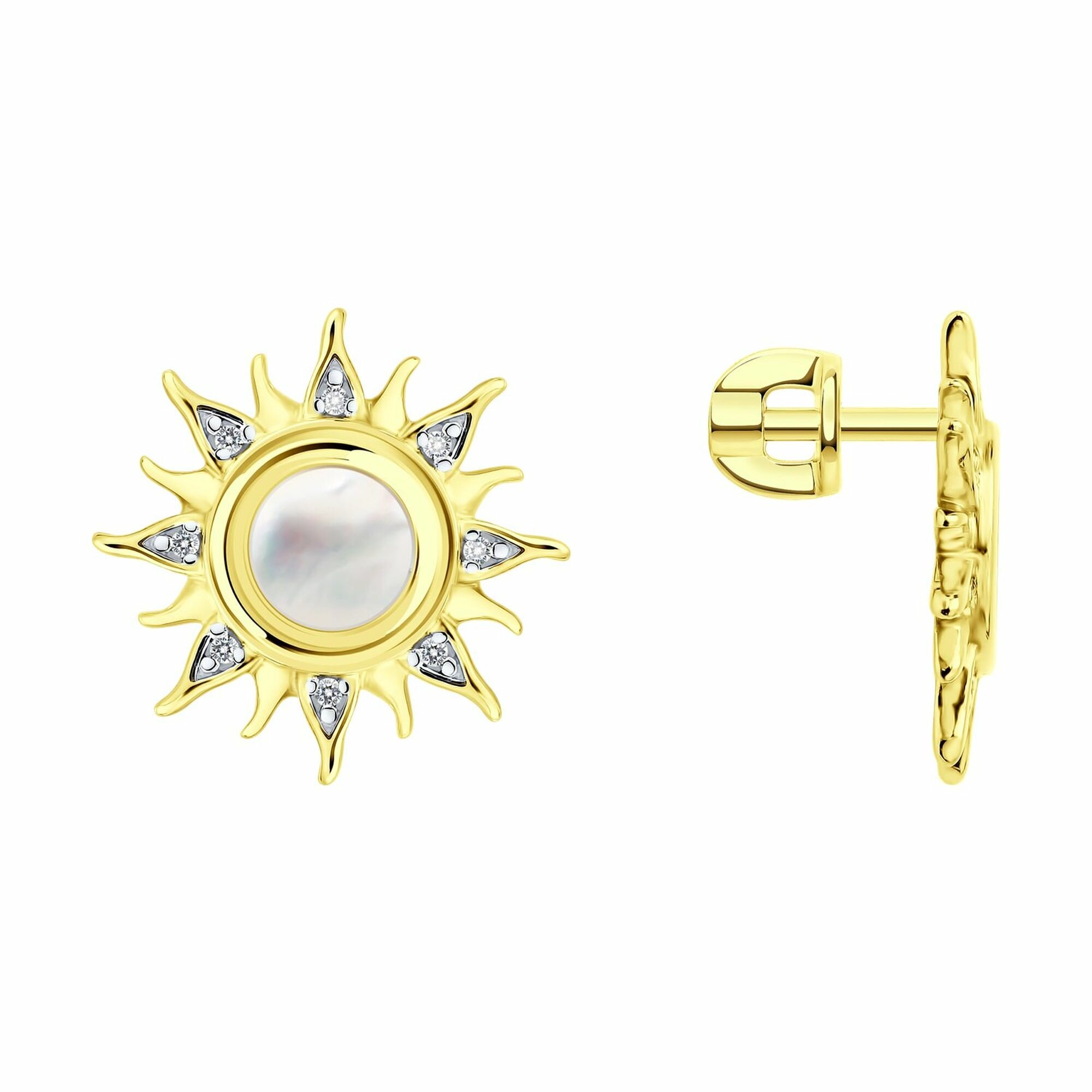Серьги, серебро, 925 проба, золочение, фианит, перламутр