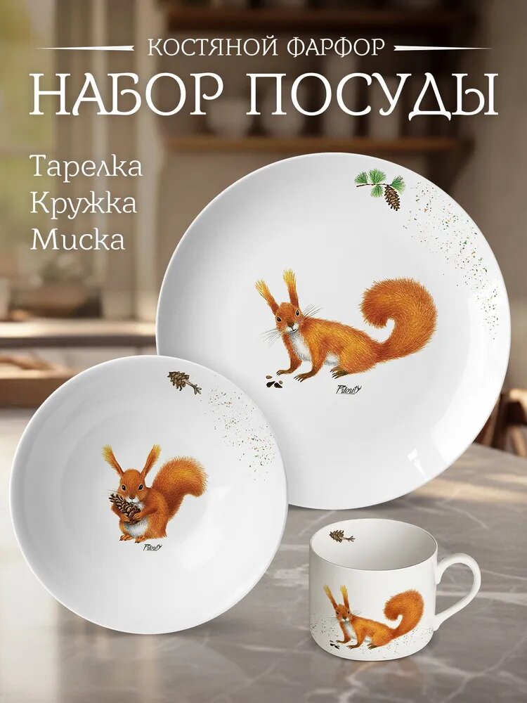 Набор посуды 3 пр. "Наглая рыжая морда" Белка в подарочной коробке
