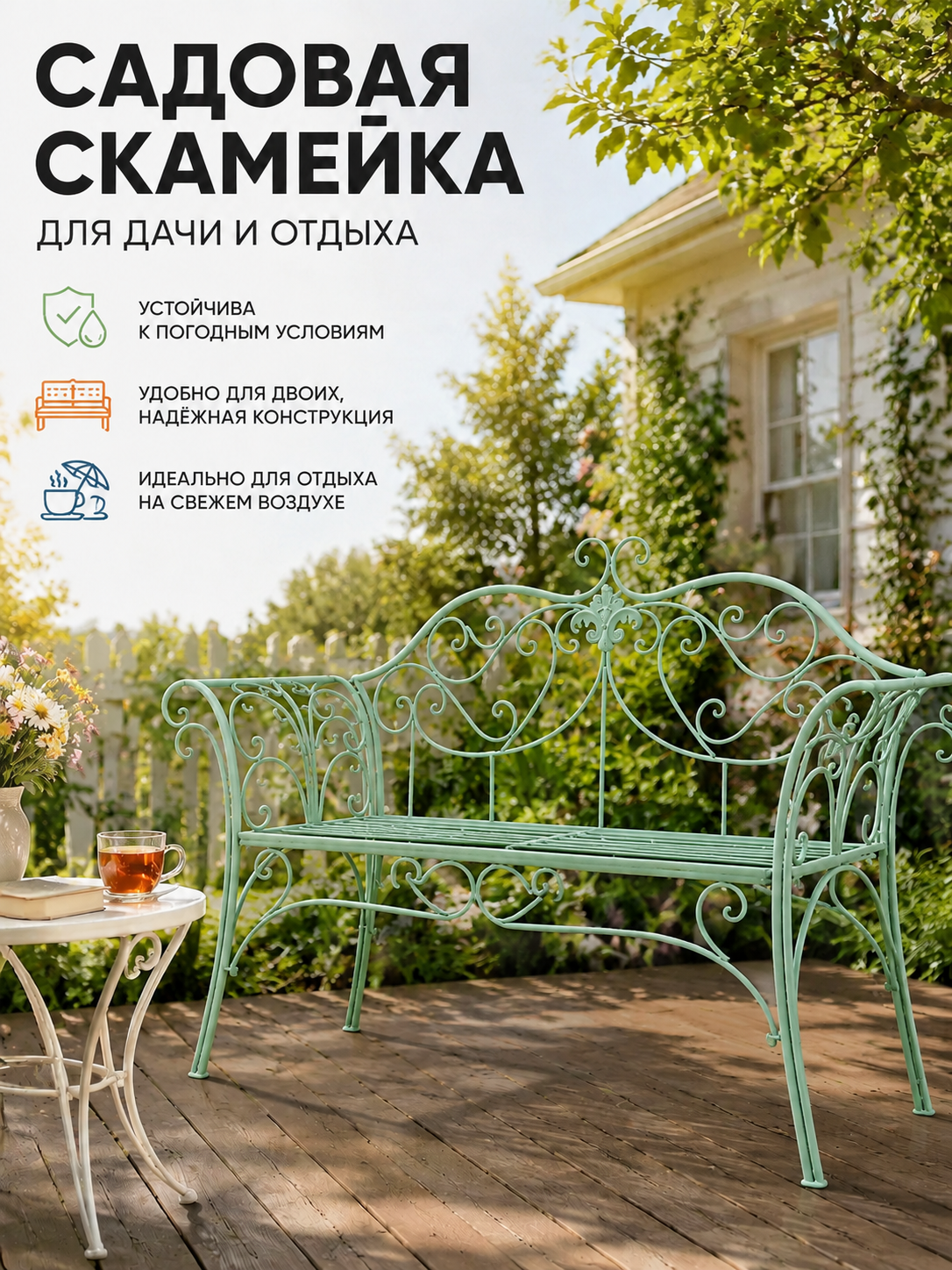 Уличная двухместная скамья, зелёный, 133×51×89 см, с ажурной спинкой, для веранды и сада