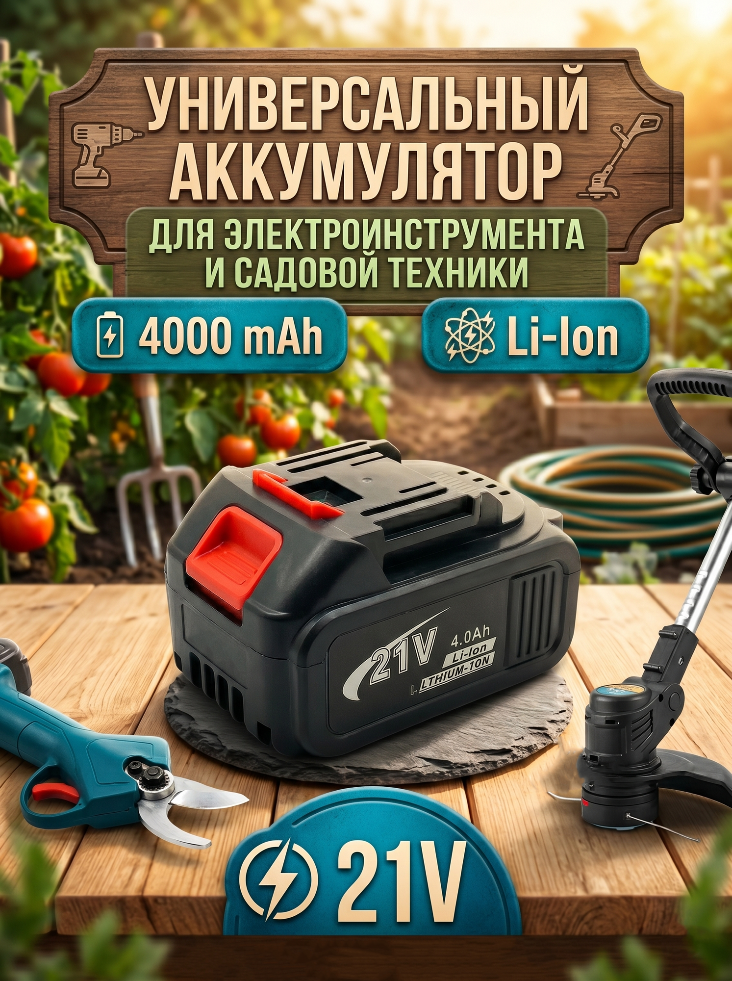 Аккумулятор 4000 mAH для электроинструмента сучкореза минипилы триммера секатора воздуходувки шуруповерта мойки 21В Li-ion