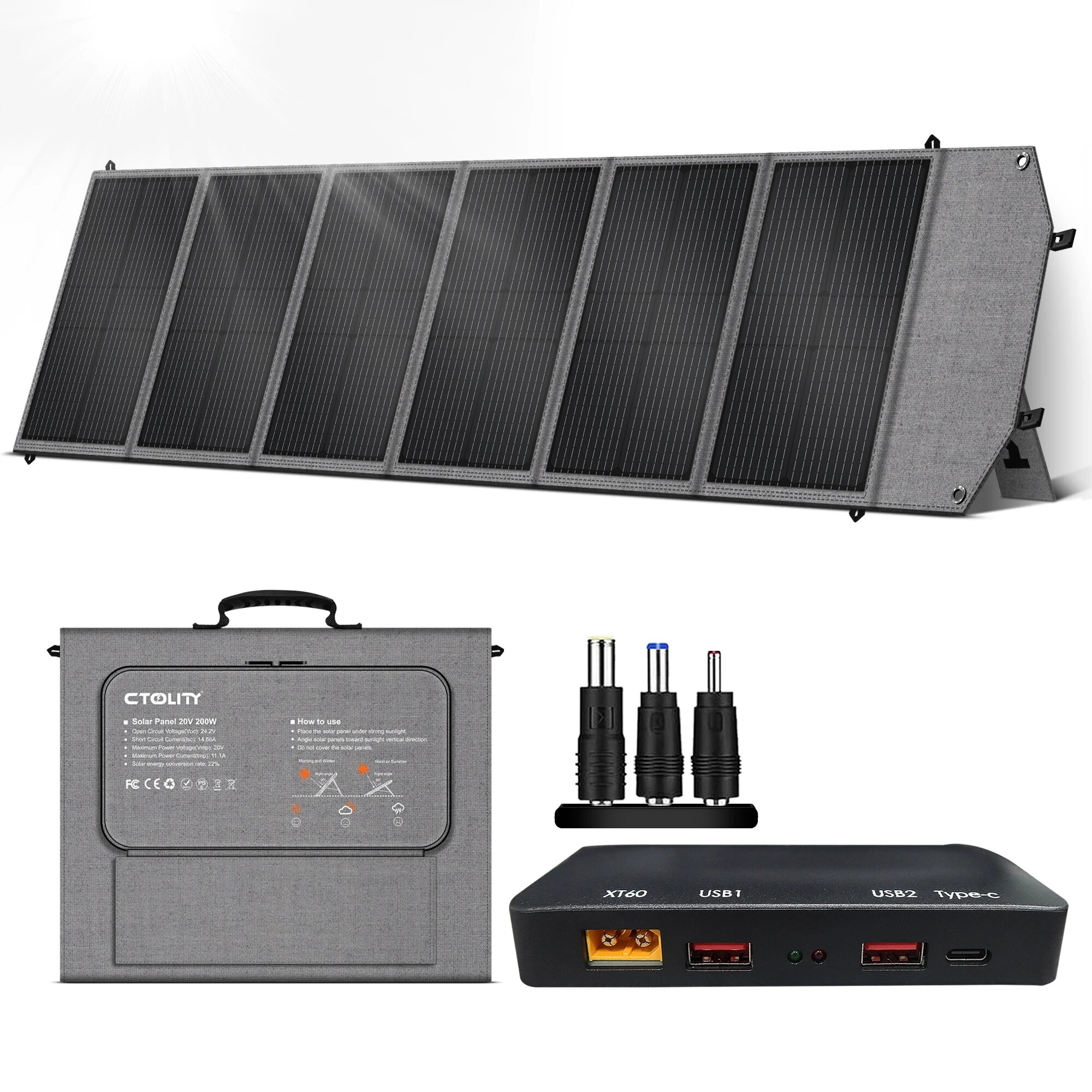CTOLITY 200W Солнечная панель 20,5V Портативная складная сумка Эффективность 23% Внешний источник электропитания Выход USB DC Домашний кемпинг Солнечная энергия