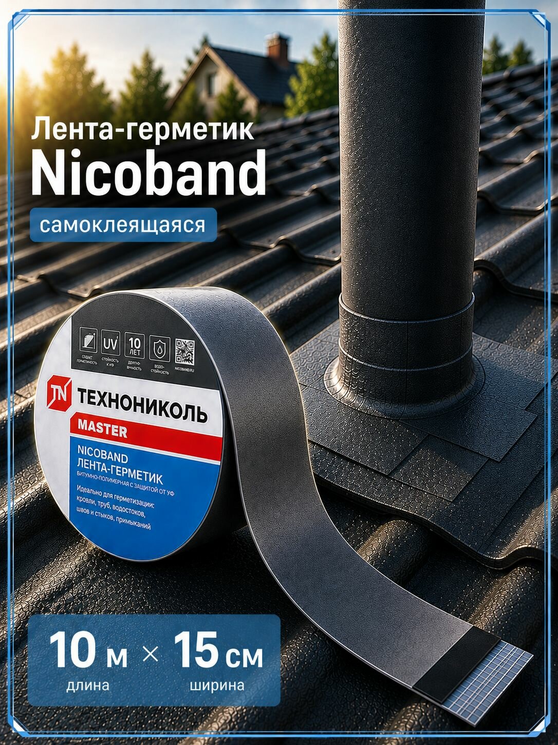 Лента-герметик NICOBAND 10 м х 15 см темно-серый / гидроизоляция кровли Технониколь для ремонта крыши и окон