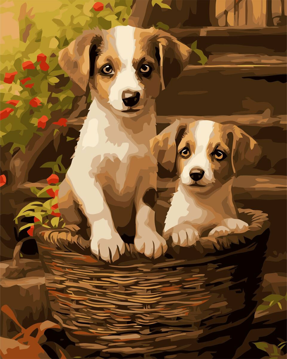 Картина по номерам "Щенки в корзине", на холсте на подрамнике, 40 x 50 см