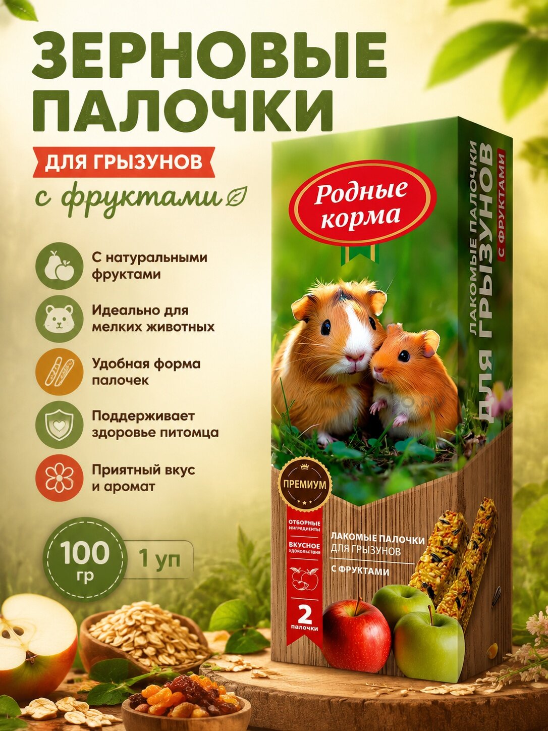 Родные Корма Зерновые палочки для грызунов с фруктами 100 гр, 1 уп