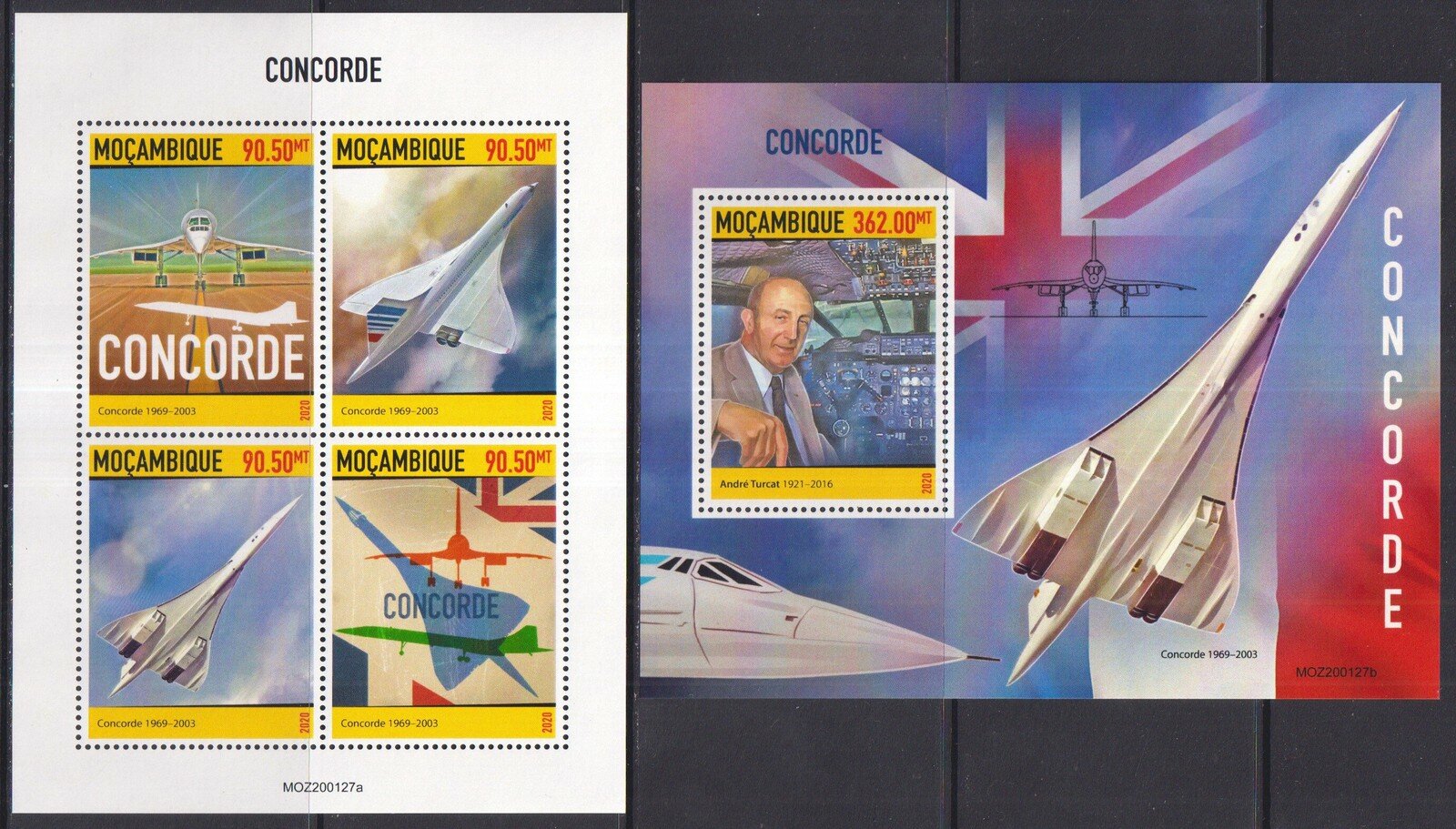 Марки 2020 год Мозамбик "Конкорд" Авиация Транспорт #10865-10868+Bl1608 Mnh