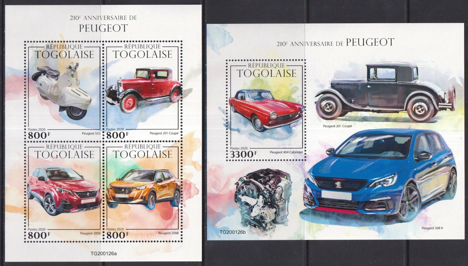 Марки 2020 год Того Peugeot Автомобили Транспорт #11249-11252+Bl2048 Mnh