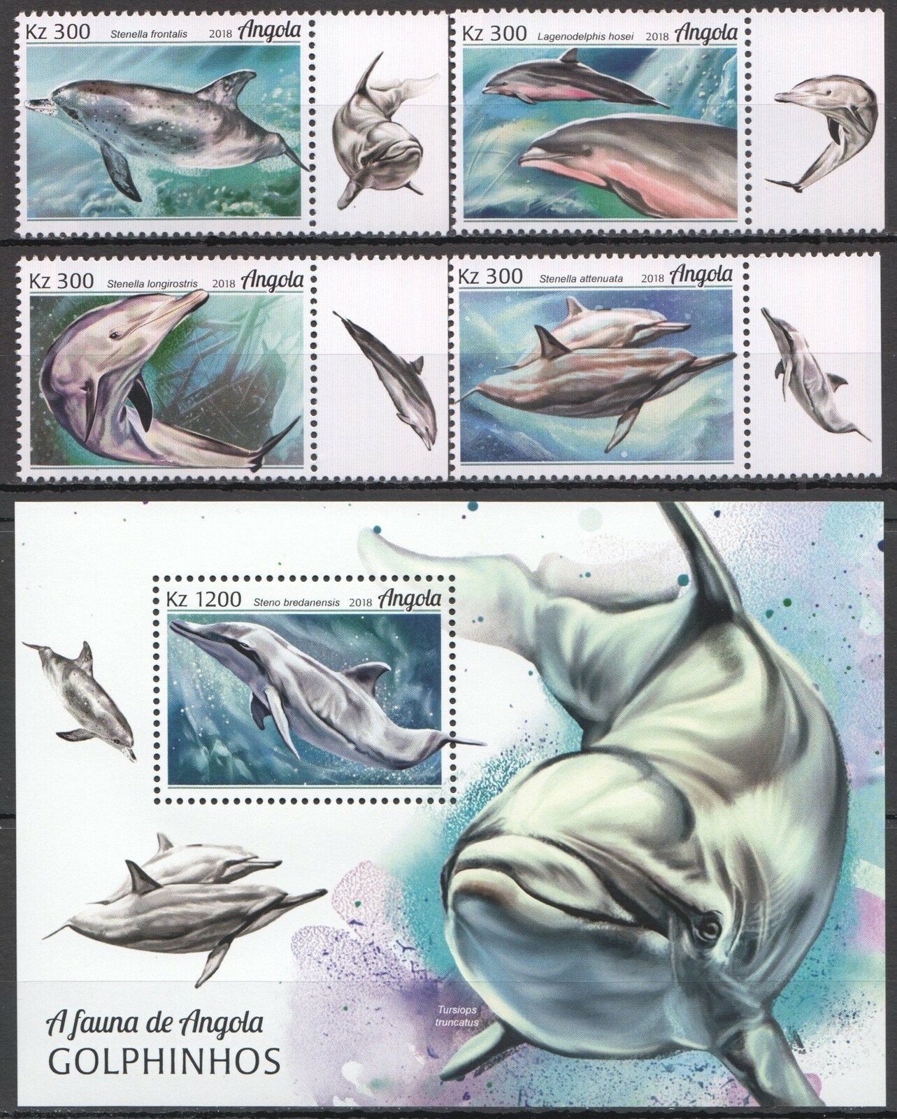 Марки 2018 год Ангола Дельфины Морская жизнь Фауна #2041-2044+Bl174 Mnh