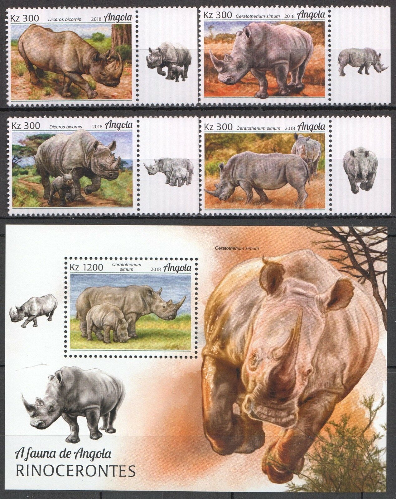 Марки 2018 год Ангола Носороги Дикие животные Фауна #2031-2034+Bl172 Mnh