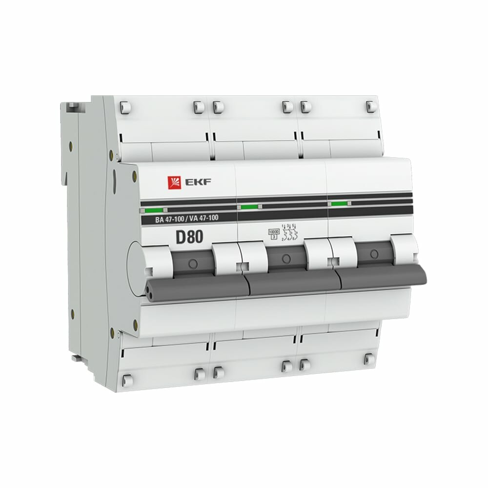 Автоматический выключатель EKF 3P 80А (D) ВА 47-100 10кА PROxima mcb47100-3-80D-pro