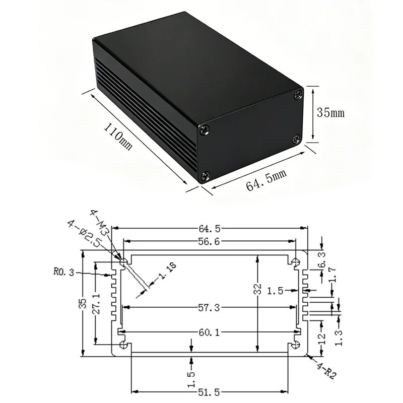 Металлический корпус из алюминия для электроники 110x64.5x35mm
