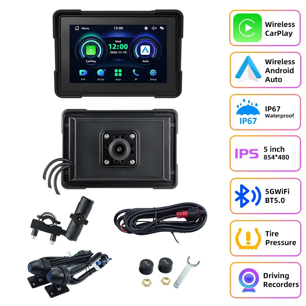 EKIY 5-дюймовый мотоциклетный беспроводной CarPlay Android Auto Дисплей Экран Нет, M16C-TPMS-DVR
