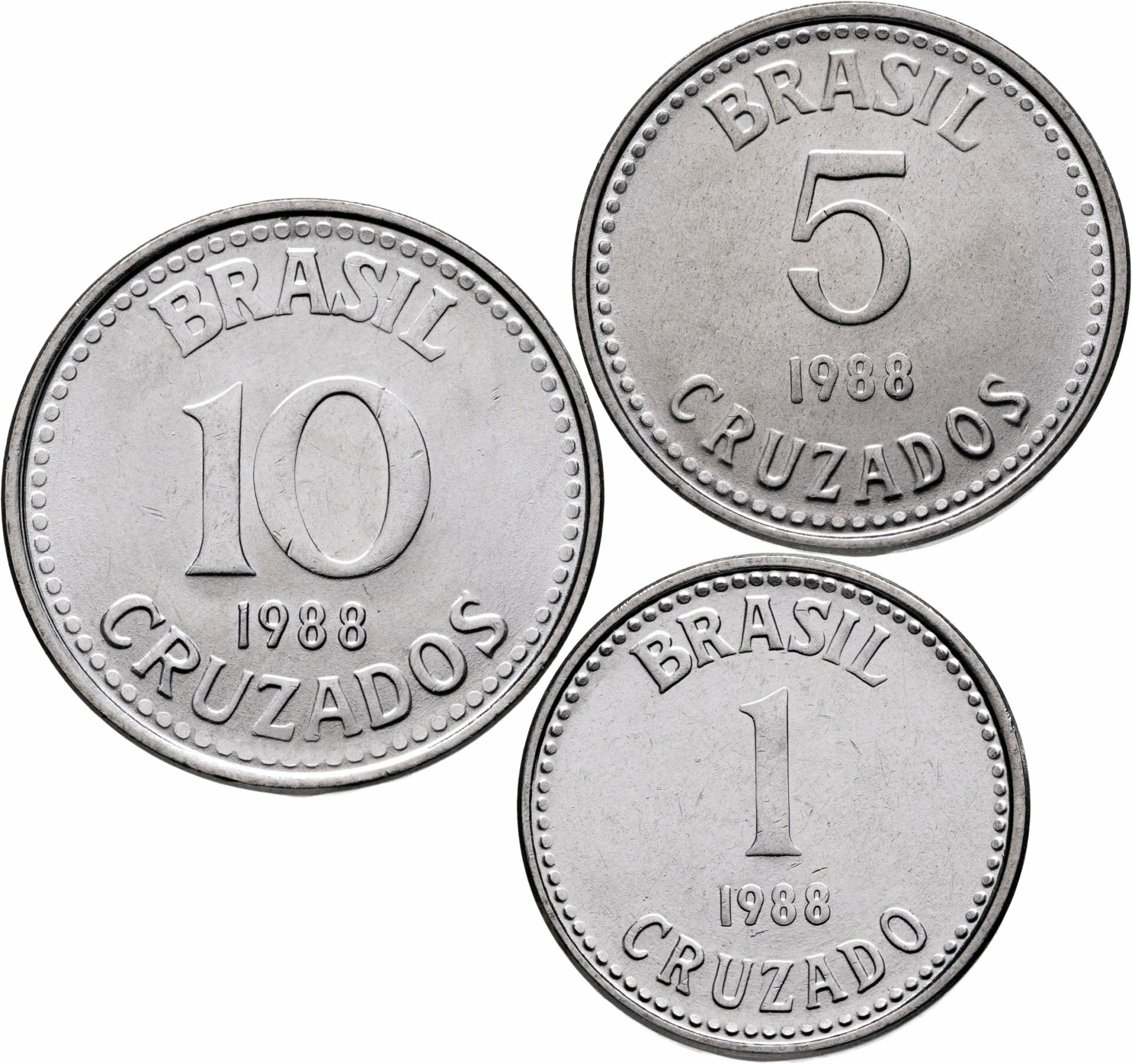 Бразилия набор из 3 монет 1, 5 и 10 крузадо cruzado 1988, Сталь, в сохранности AU-UNC