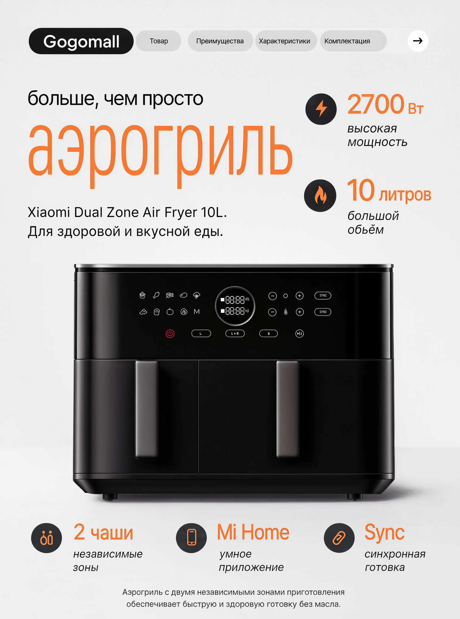 Аэрогриль (аэрофритюрница) Xiaomi Dual Zone Air Fryer 10L MAF-D1001 (евровилка)