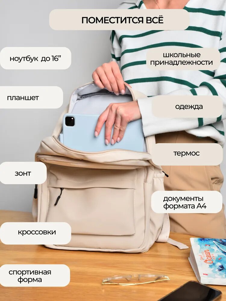 Рюкзак повседневный женский школьный для ноутбука городской из нейлона бежевый — фото 1